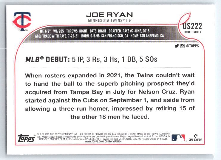 2022 Topps Update Joe Ryan #US222 RC Rookie Minnesota Twins | eBay
