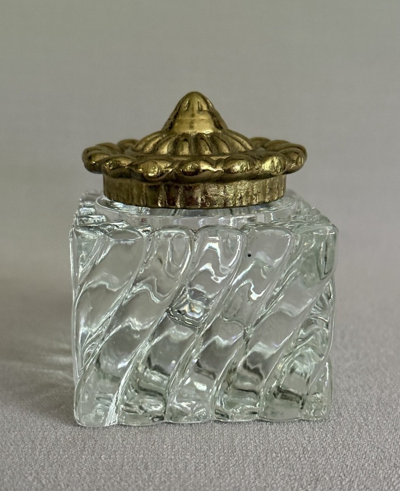 Vintage 'Virginia Metalcrafters' Pressed Swirl Glass Ink Well w/Brass ...
