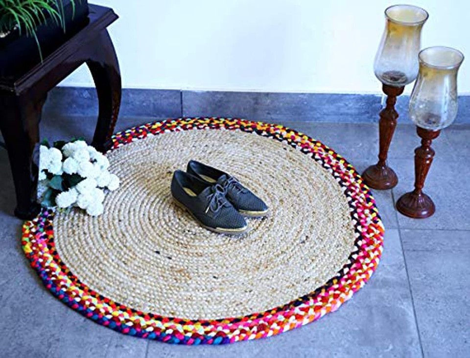 Bohemian Area Rug Hand Made Braided Jute Cotton Carpet Multi Color ...