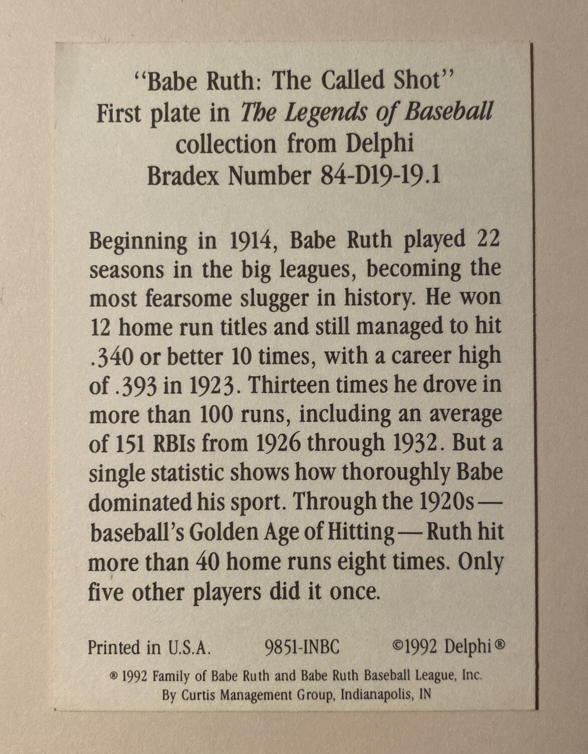 Babe Ruth 1992 Delphi “The Called Shot” Baseball Card, NY Yankees Rare ...