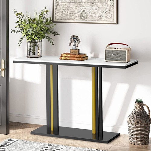 Console Table with Storage White Stone Marble Entryway Table Narrow ...