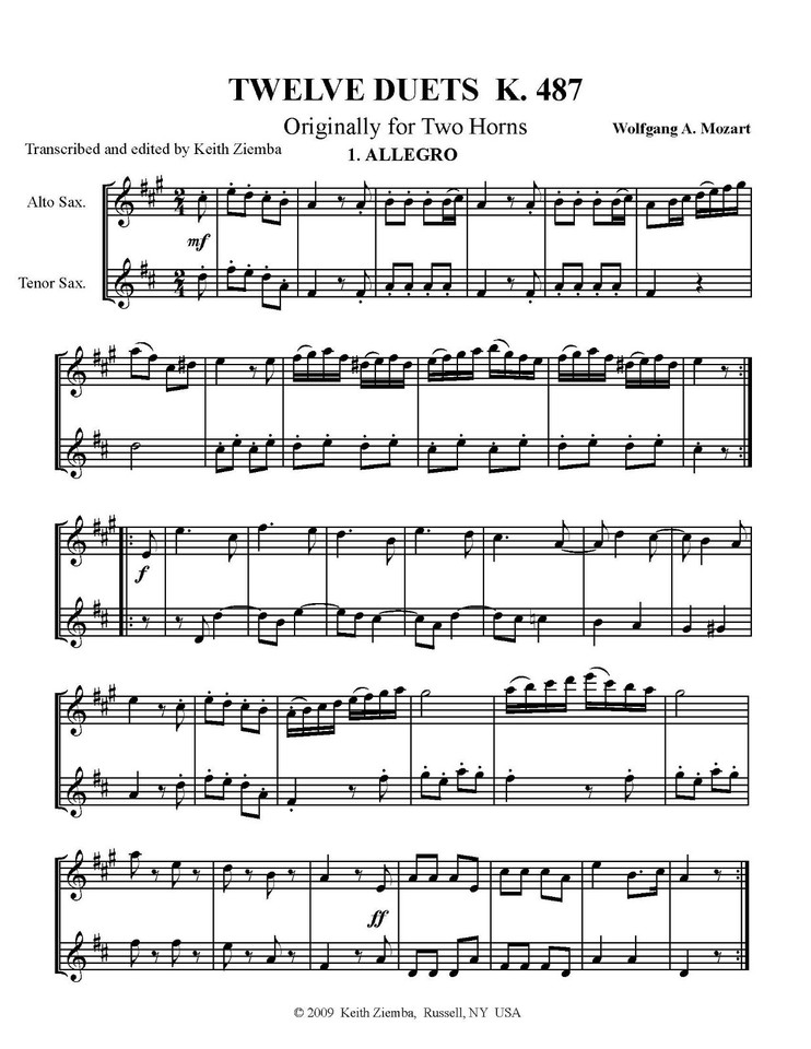 Alto and Tenor Sax Duets Mozart K.487 org. for 2 horns Comb Bound Brand ...