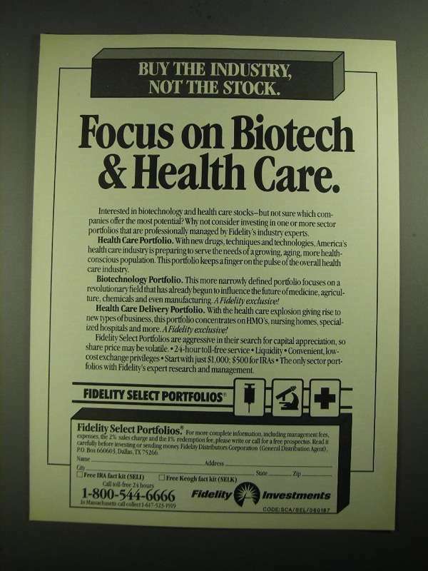 1987 Fidelity Select Portfolios Ad - Focus on Biotech & Health Care | eBay