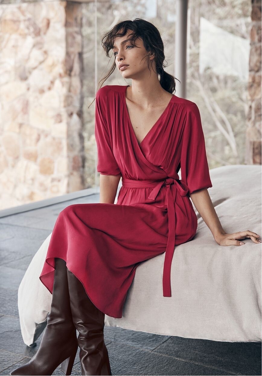 WITCHERY Womens Wrap Dress Raspberry Pink 3/4 Blouson… - Gem