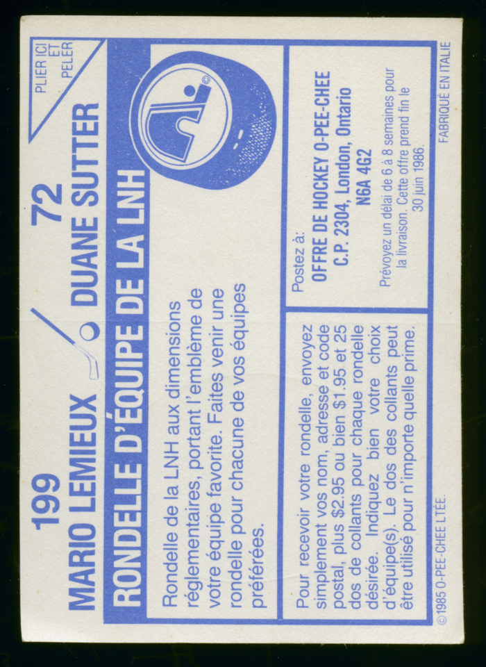 1985-86 O-Pee-Chee Stickers #72 Duane Sutter/ 199. Mario Lemieux VG or ...