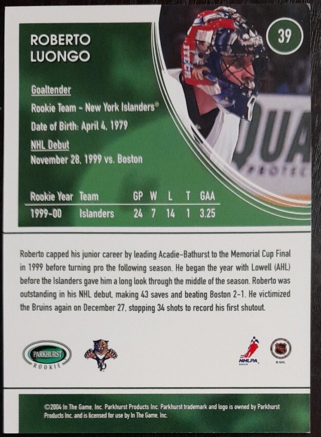 2003 - 2004 Parkhurst Rookie Roberto Luongo Islanders #39 Hockey Card ...