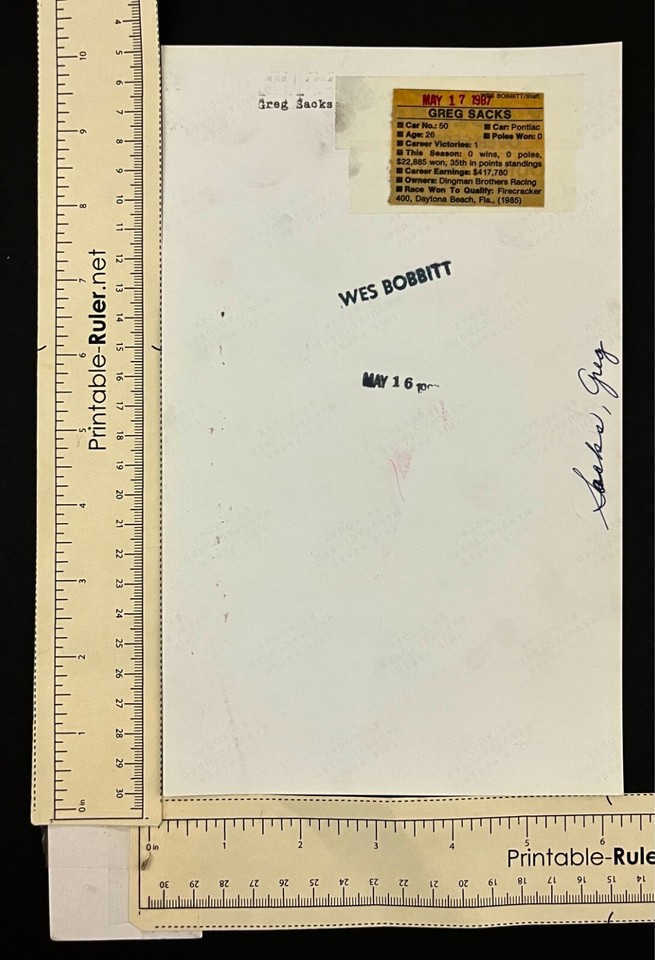 1987 Greg Sacks Pontiac NASCAR Race Car Driver Winston Cup Vintage ...