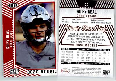 Riley Neal 2020 SAGE HIT Premier Draft Red #22 Vanderbilt Broncos RC ...