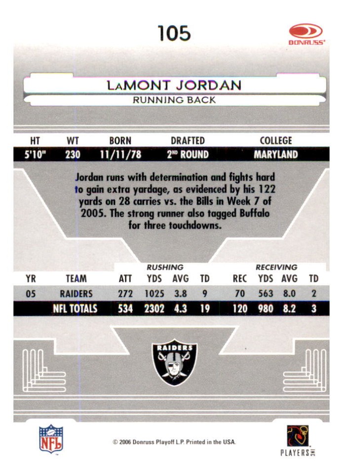2006 Certified LaMont Jordan NFL Base Card PWE Set Break Raiders #105 ...
