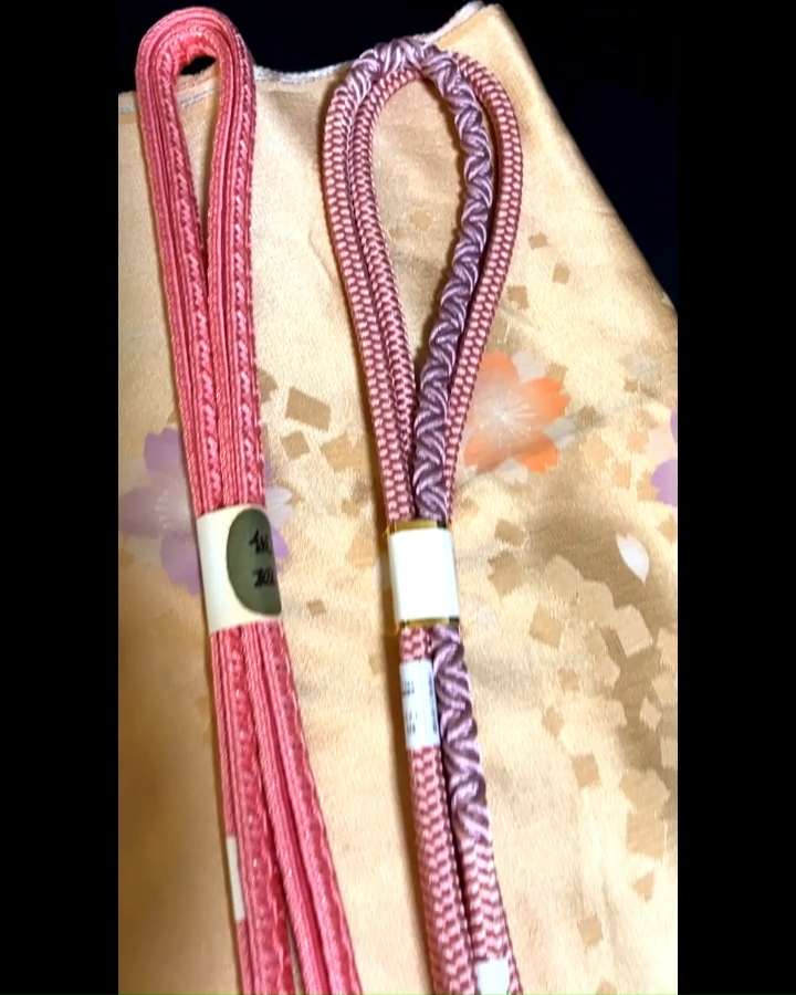 Japanese Kimono, a Obi-Age,Two Pink Obi-Jime, Silk, SAKURA,Pale Yellow ...