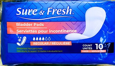Sure & Fresh 1 Pack 10 Unsented Regular Bladder Pads. For Incontinence ...