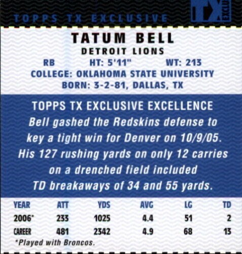 2007 Topps TX Exclusive Football #47 Tatum Bell | eBay