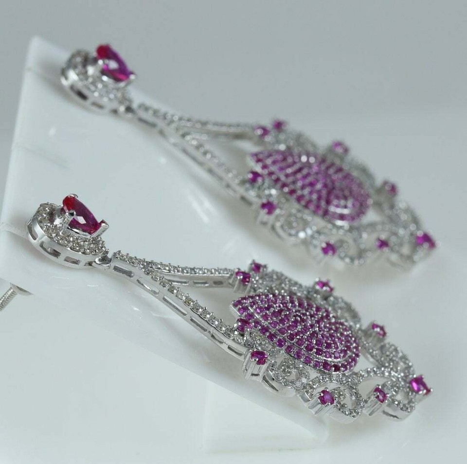 Genuine Chandelier Fine Pink Rubies With Shiny White CZ Wedding Women's ...