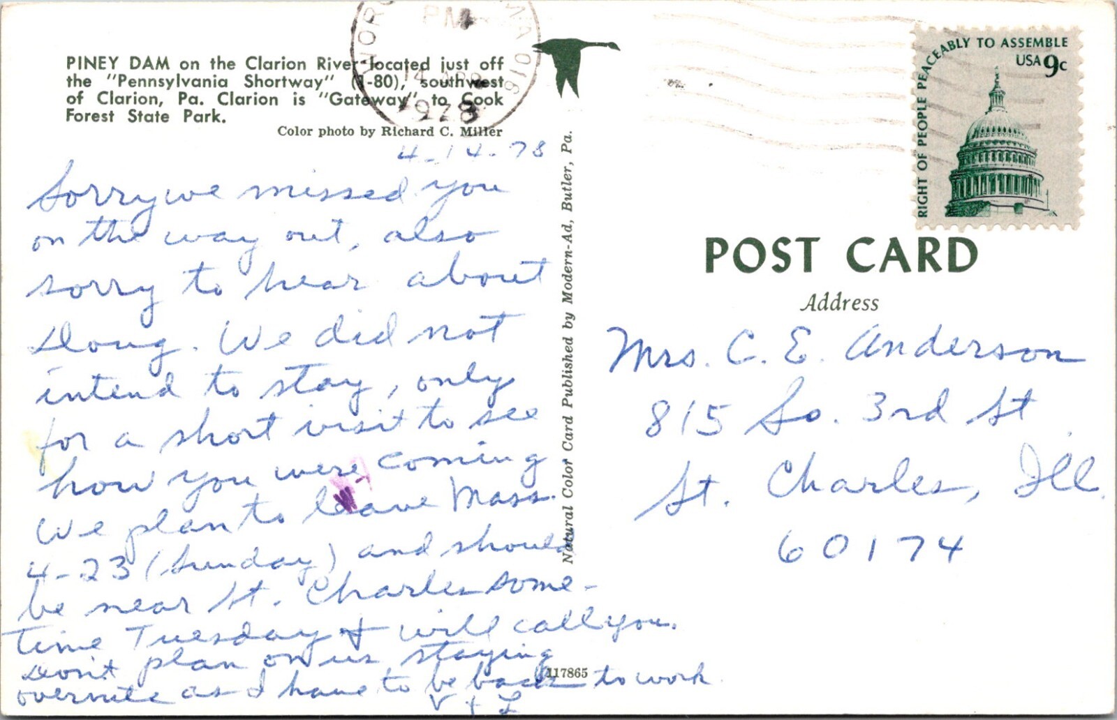 Clarion, PA Piney Dam on the Clarion River Vintage Chrome Postcard D771 ...