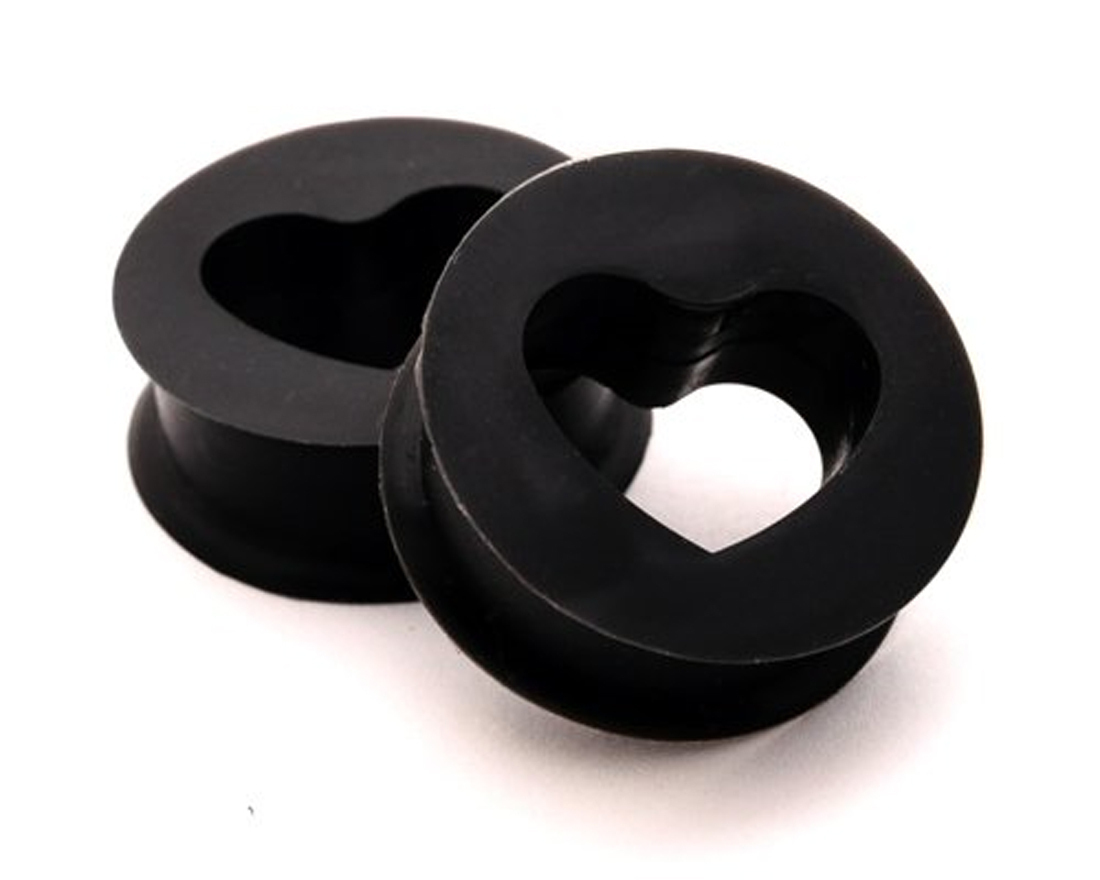 Pair of Black Silicone Heart Tunnels set gauges plugs PICK SIZE CHOOSE ...