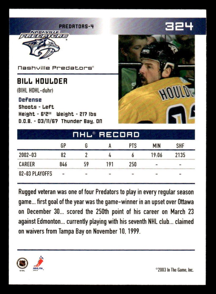 Bill Houlder 2003 In The Game Action #324 Nashville Predators | eBay