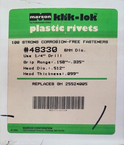 Marson 48330 Klik Lok Plastic Rivets 6mm .158-.335 GM 25524005 qty 100 ...