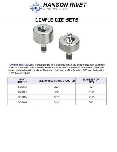DIMPLE Dies are Designed to Form a 100° Countersink for 1/8 Diameter ...