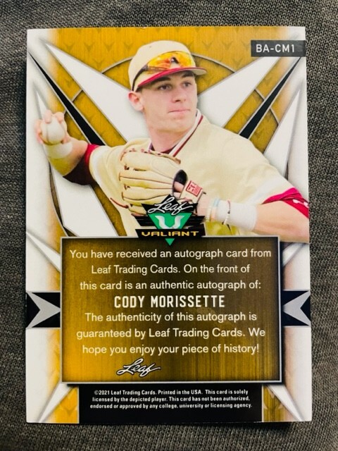 2021 Leaf Valiant Cody Morissette Rookie RC Auto Autograph Card Green ...