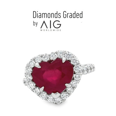 AIG Certified 7.87 CT Natural Red Ruby and Diamond Ring Heart Cut 14K ...
