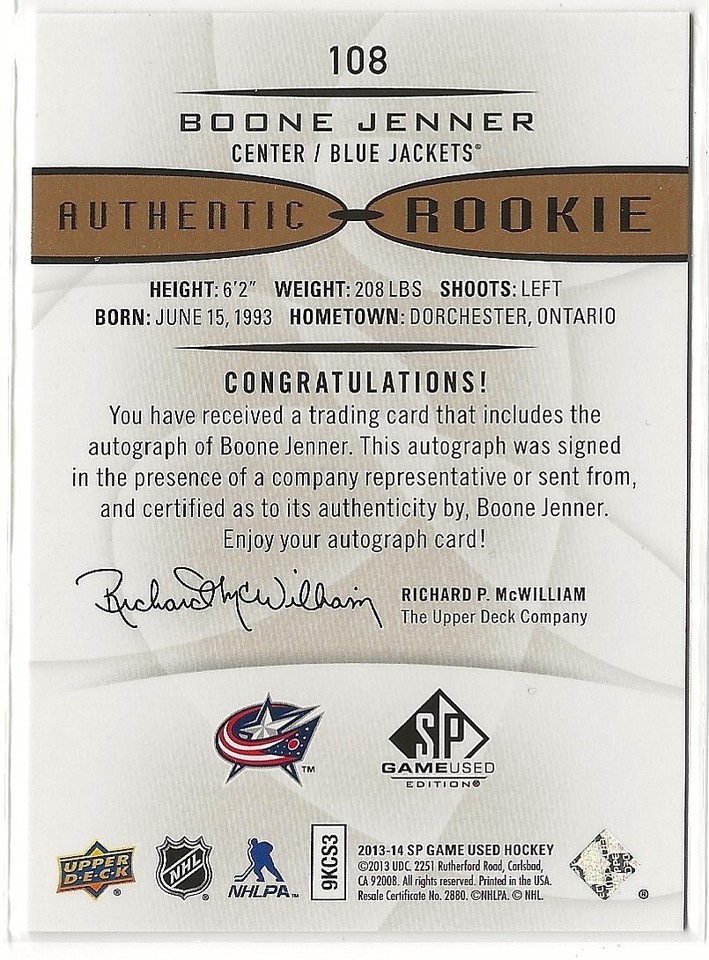 2013-14 SP Game Used Gold Autographs #108 Boone Jenner Columbus Blue ...