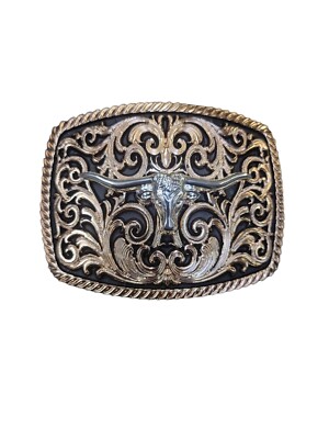 Cowboy Belt Buckle For Man Long Horn Bull Head 4.25"x3.25"Gold Copper ...