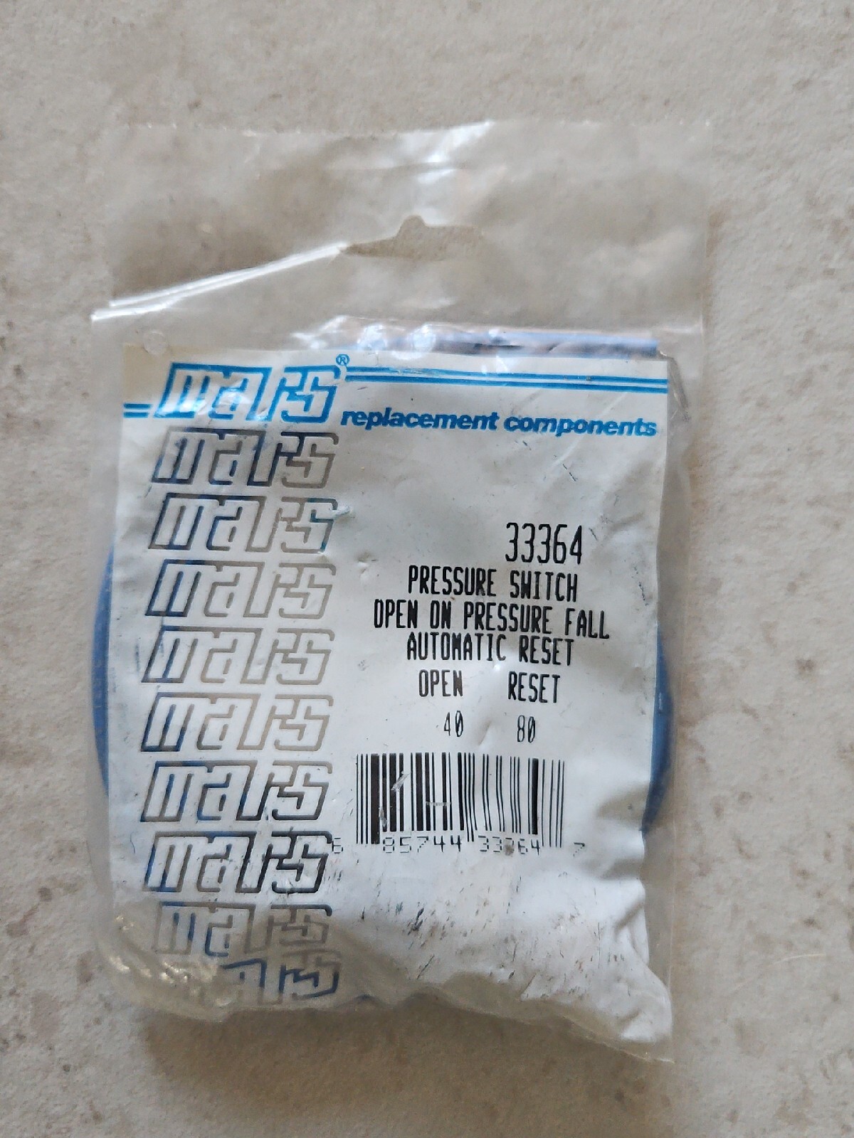 MARS PRESSURE SWITCH 33364 OPEN ON PRESSURE DROP 40 AUTOMATIC RESET 80 ...