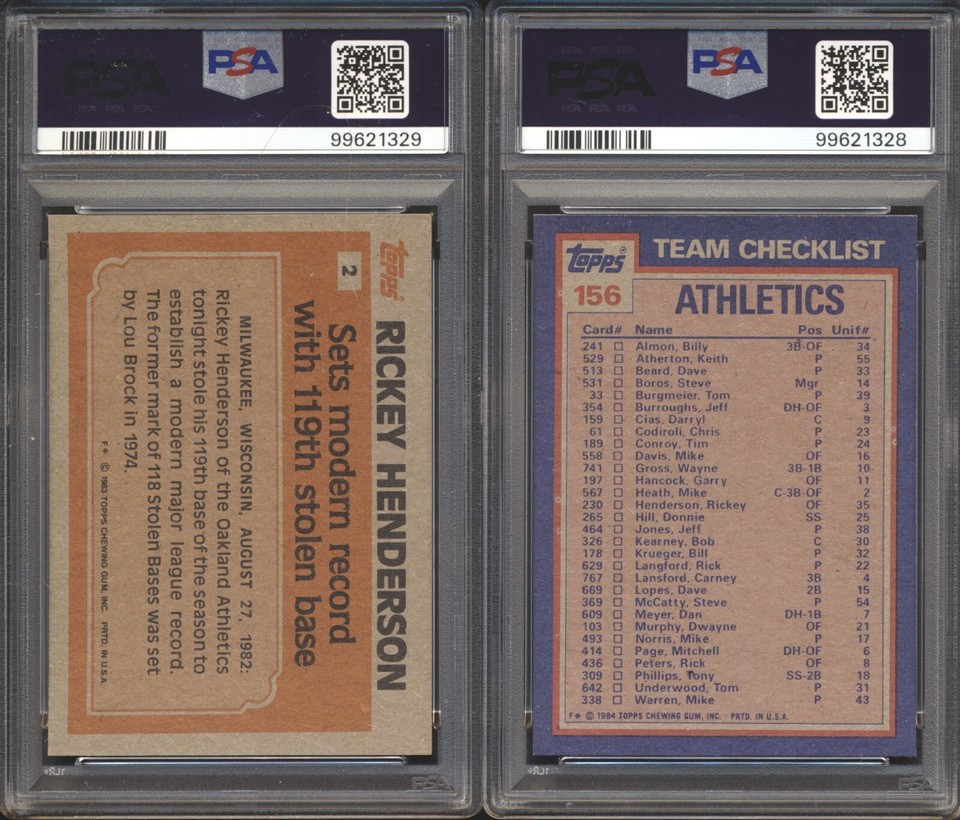 1983 Topps 1984 Topps Baseball Rickey Henderson 2 CARD GROUP BOTH PSA 8 ...