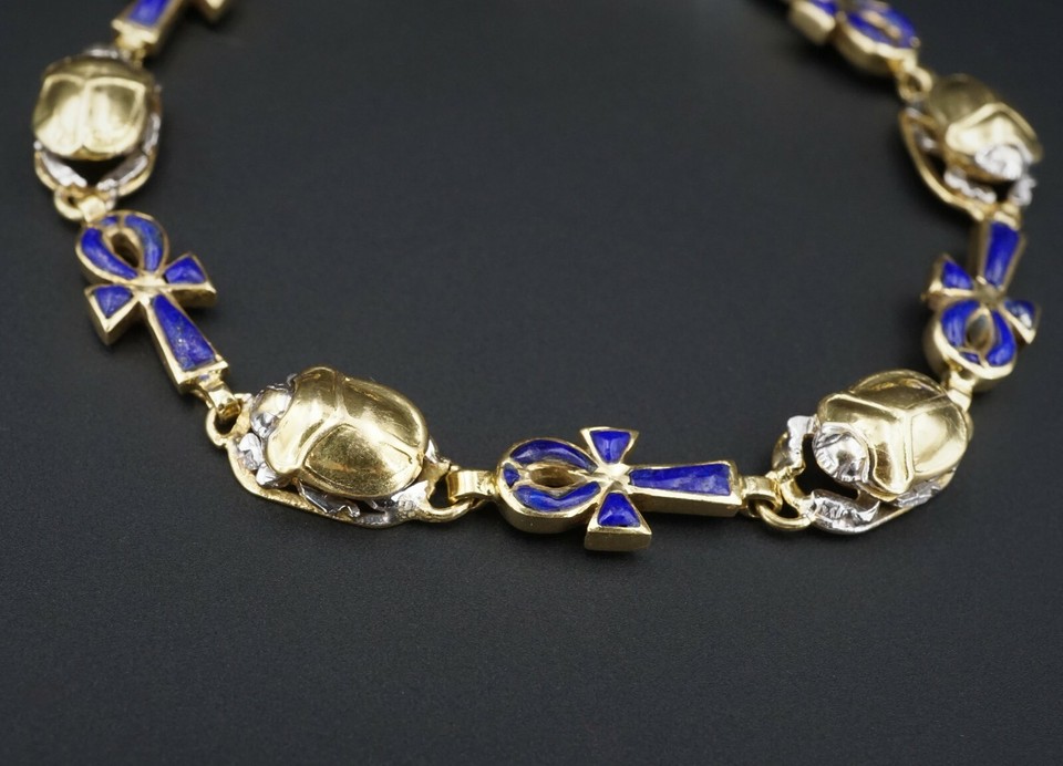 Vintage 2-Tone 18k Gold Lapis Inlay Scarab Ankh Bracelet 7.75" BG511 | eBay