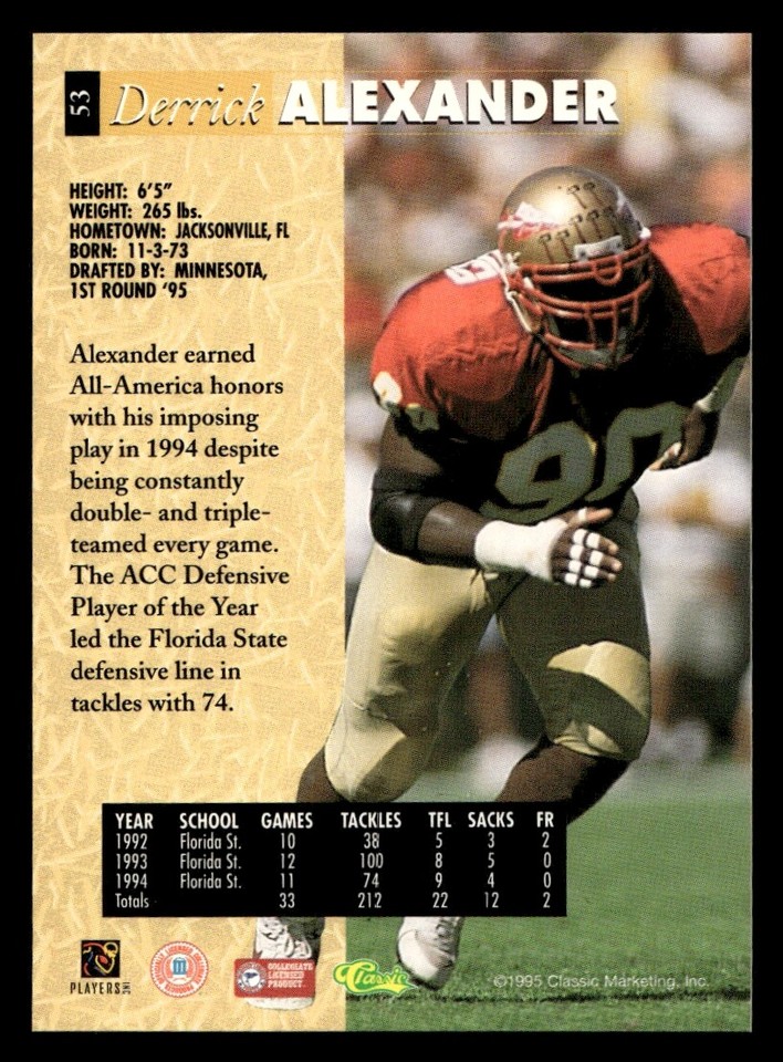 1995 Classic 5 Sport Derrick Alexander #53 Florida State Seminoles | eBay