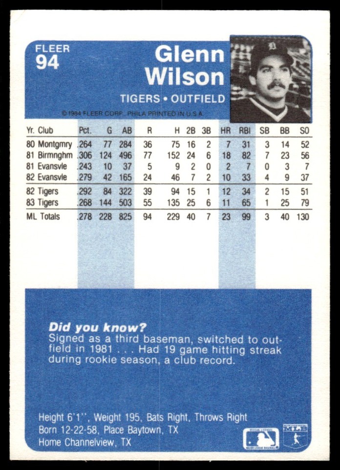 1984 Fleer Glenn Wilson Baseball Card Detroit Tigers #94 | eBay