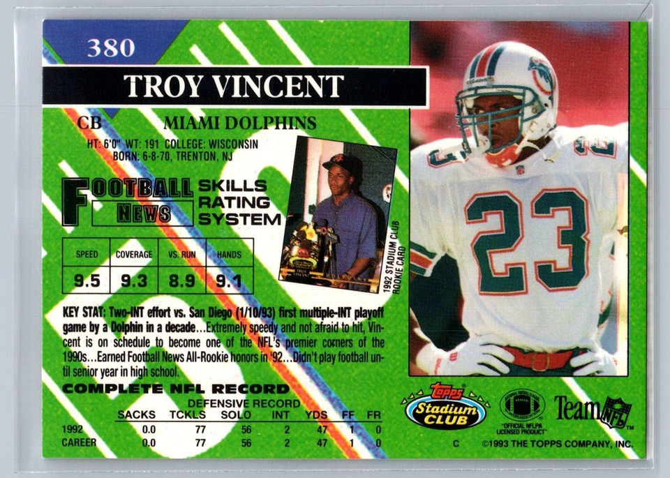 1993 TOPPS STADIUM CLUB CARD # 380 Troy Vincent - Miami Dolphins | eBay