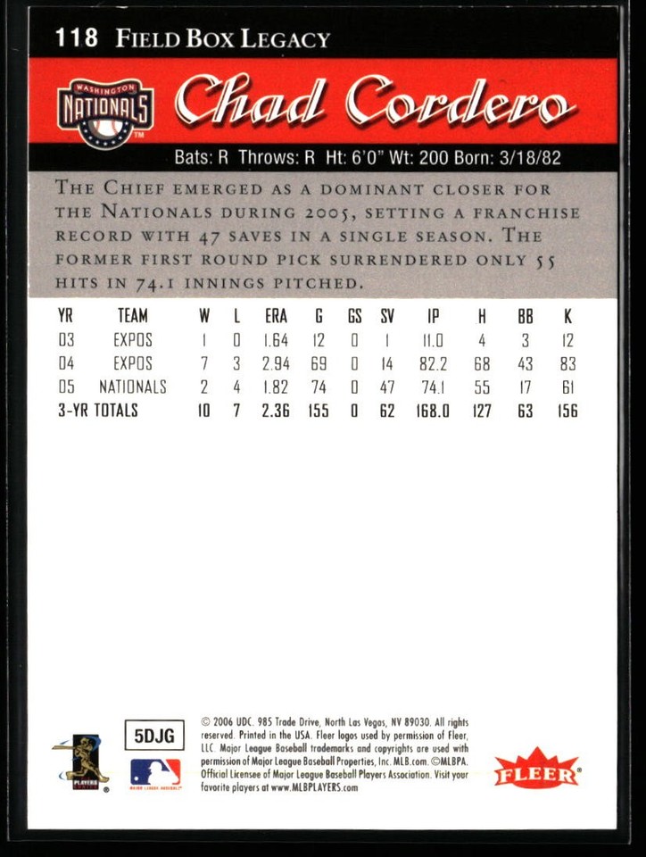 Chad Cordero 2006 Flair Showcase #118 Legacy Emerald #/150 Field Box ...