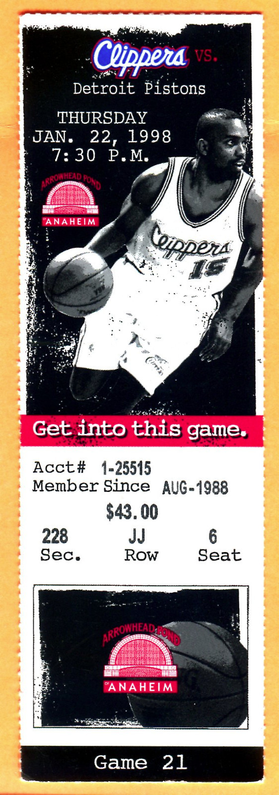 RARE NBA FULL TICKET-1/22/98 CLIPPERS/PISTONS | eBay