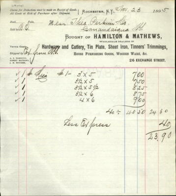 1895 Rochester New York (NY) Receipt Hamilton & Mathews Theo Perkins ...