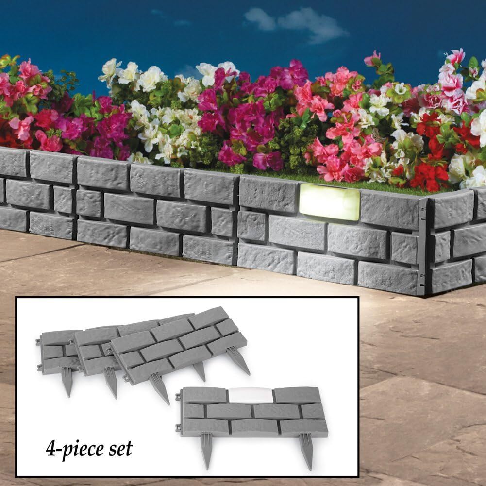 Solar Lighted Gray Brick Garden Landscape Border Edging Panel Plastic ...