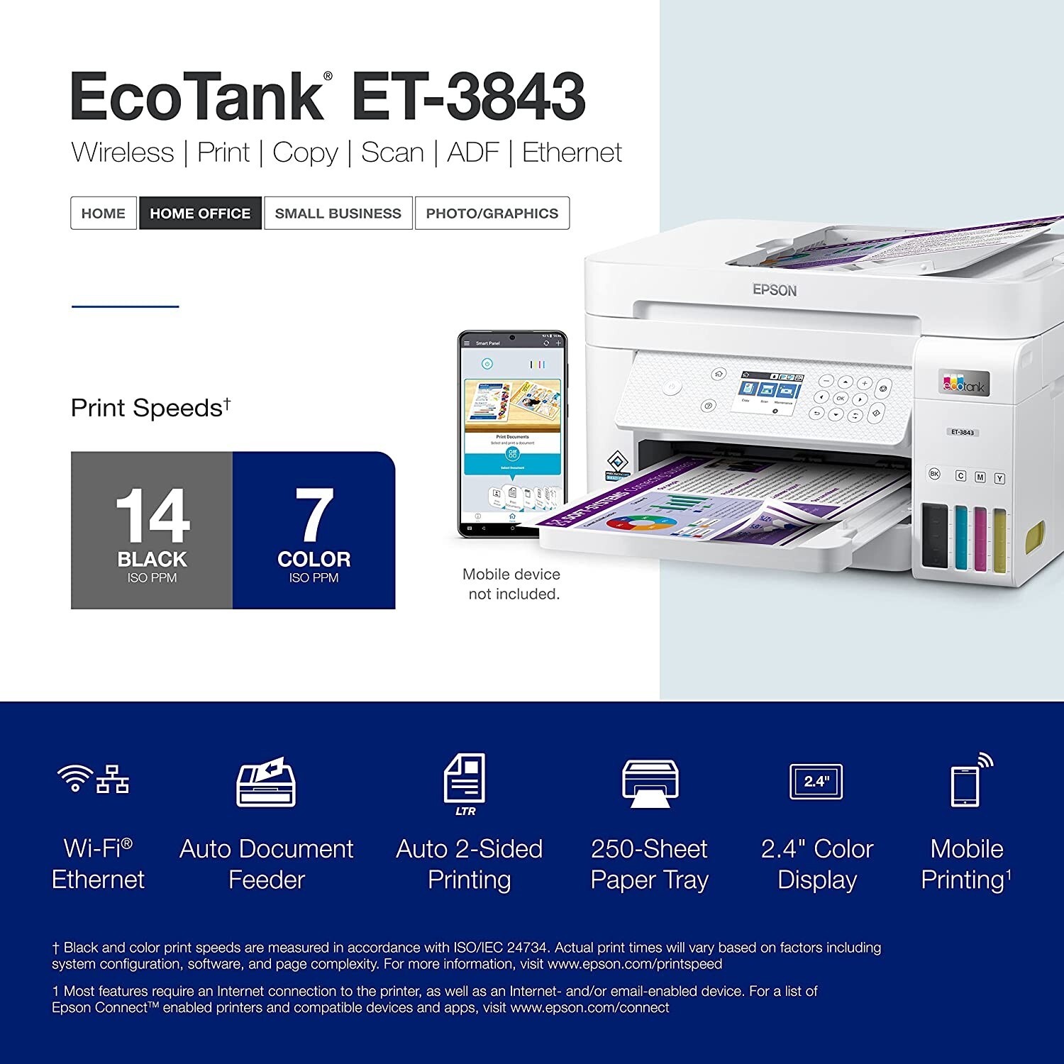 Epson EcoTank ET-3843 Wireless Color All-in-One Printer (C11CJ61205 ...