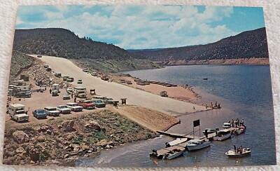 CHROME POSTCARD CEDAR SPRINGS BOAT RAMP OLD CARS FLAMING GORGE ...
