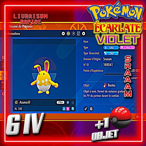 Azumarill Shiny 6IV lv100 Pokemon ecarlate & Violet/Scarlet [LIVRAISON ...