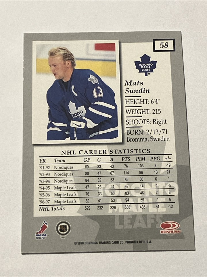 Mats Sundin 1997-98 Donruss Elite Card #58 Toronto Maple Leafs | eBay