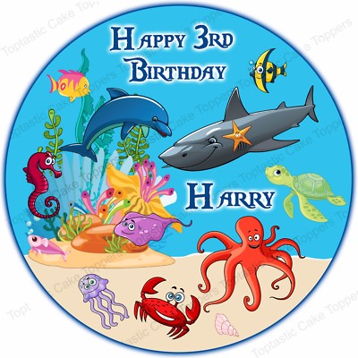 Personalised Ocean Sealife Sea Animals Edible Icing Birthday Party Cake ...