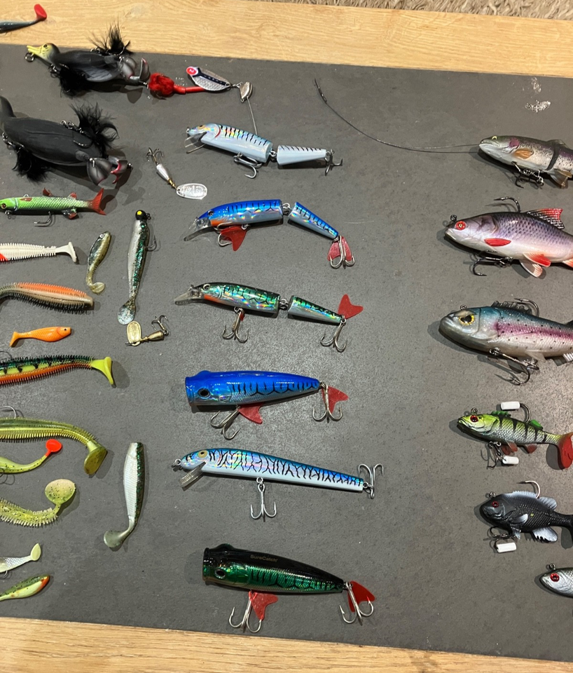 Box of mixed Fishing lures - some Savage gear, soft plastics, jig heads ...