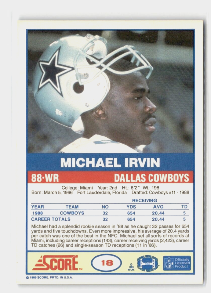 Michael Irvin 1989 Score #18 Rookie RC Dallas Cowboys HOF | eBay