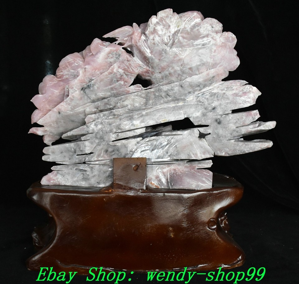 13" Chinese Exquisite Natural Xiu Pink Jade Carved Peone Flower Art ...