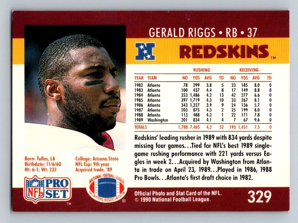 1990 Pro Set Gerald Riggs #329 Washington Redskins | eBay