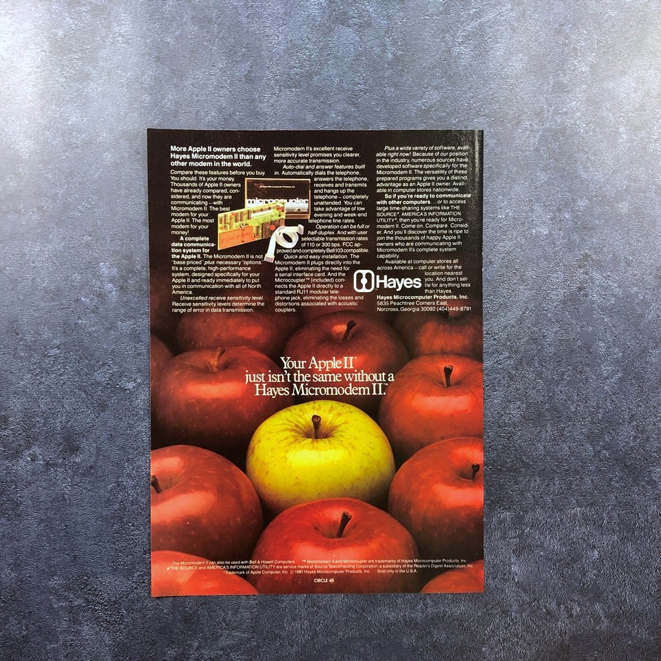 1982 Hayes Micromodem II Apple II PRINT AD Retro Computers PC Green Red ...