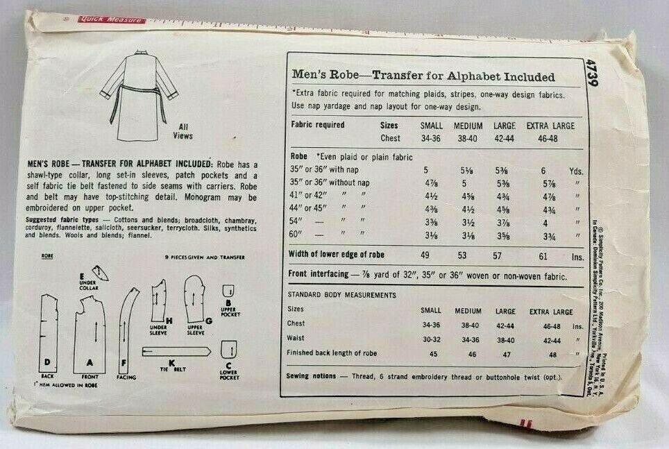1960s Simplicity Sewing Pattern 4739 Mens Robe Size Large 42-44 Chest ...