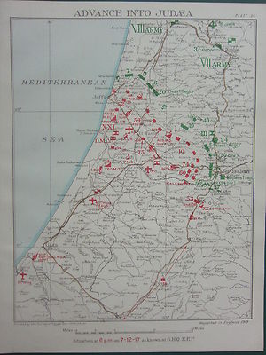 1918 WW1 MAP EGYPTIAN EXPEDITIONARY FORCE ADVANCE INTO JUDEA 6pm DEC 7 ...