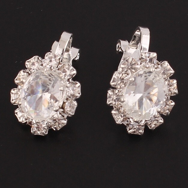 Clip On Earrings Oval Crystal Silver Rhinestone Fake Stud Non Pierced ...