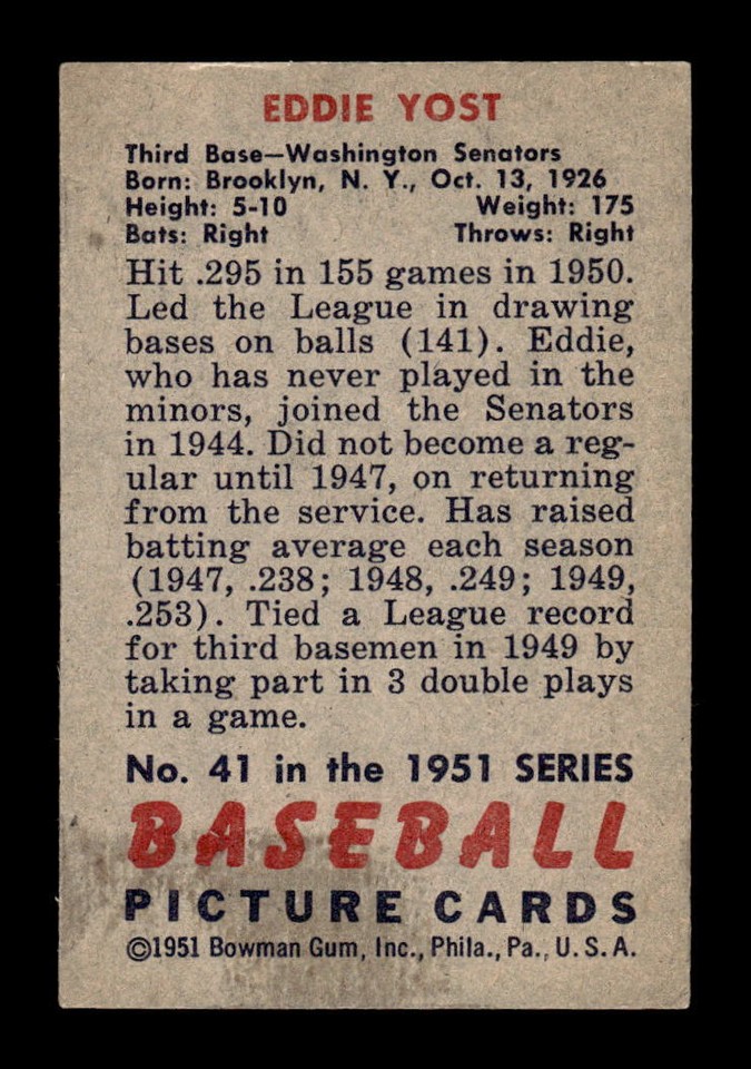 1951 Bowman Baseball #41 Eddie Yost VGEX Washington Senators | eBay